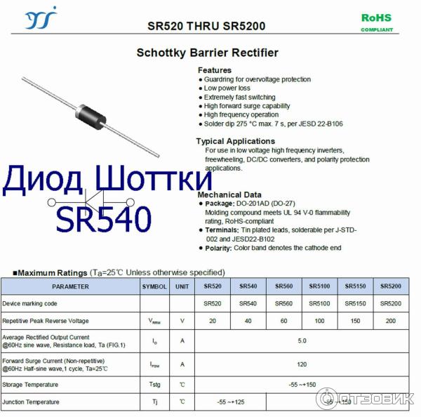Отзыв о Диоды Шоттки THRU SR540 | При перегреве выходят из строя.